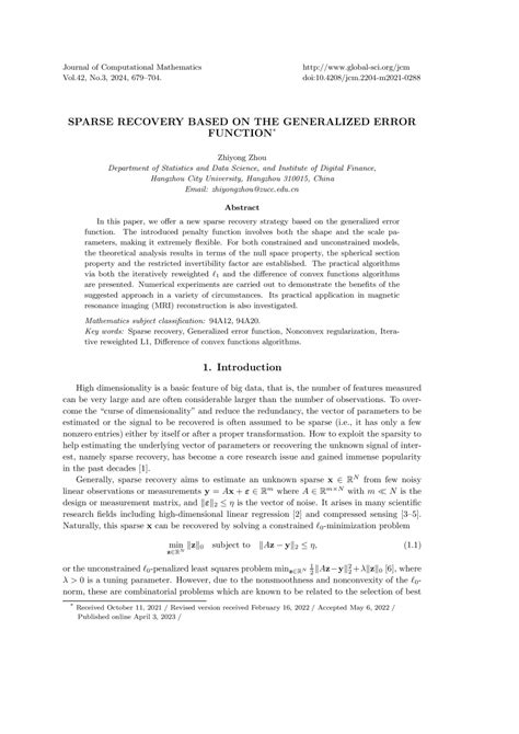 Global Science Press Sparse Recovery Based On The Generalized Error Function