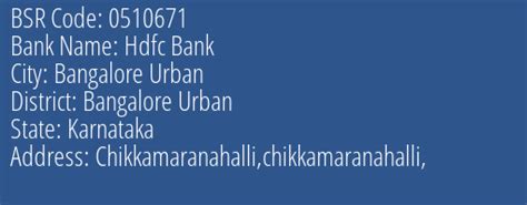 BSR Code 0510671 Of Hdfc Bank In Bangalore Urban District Karnataka Codeforbanks Com