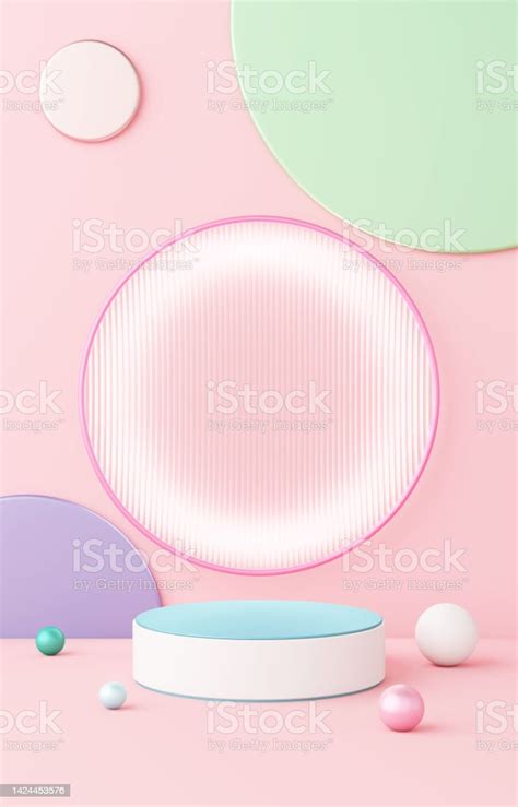 무대 연단 디스플레이 아이 귀여운 네온 라이트 서리가 내린 유리 다채로운 서클 배경과 핑크 배경에 스피어 볼이 있습니다 받침대 장소 패션 화장품 스킨 케어 또는 뷰티 제품