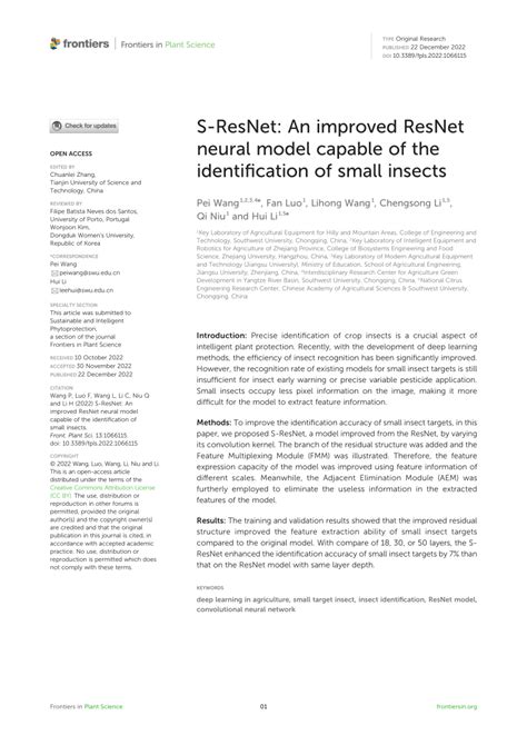 Pdf S Resnet An Improved Resnet Neural Model Capable Of The Identification Of Small Insects