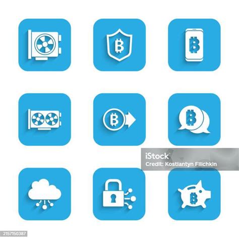 비트 코인 설정 비트 코인으로 잠금 돼지 저금통 암호 화폐 클라우드 마이닝 비디오 그래픽 카드 모바일 및 아이콘에서 마이닝 벡터 0명에 대한 스톡 벡터 아트 및 기타 이미지