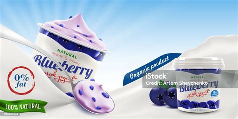 요구르트 나 크림 및 포장 용기 스푼으로 자연 블루베리 그리스어 요구르트 광고 전단지 라벨에 대한 스톡 벡터 아트 및 기타 이미지 라벨 우유 0명 Istock