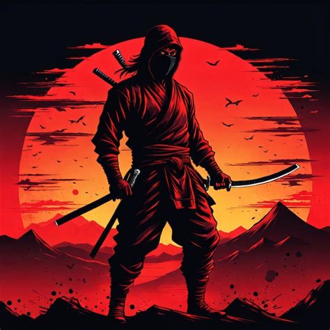 T Shirt Design Of A Ninja Assassin Against A Vivid Red Sunset Premium Ai Generated Image