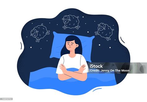 수면 장애 불면증 및 스트레스 증상 젊은 피곤한 여자는 침대에 누워 잠들 양을 세고 있습니다 흰색 배경에 격리된 벡터 평면 그림 불면증에 대한 스톡 벡터 아트 및 기타