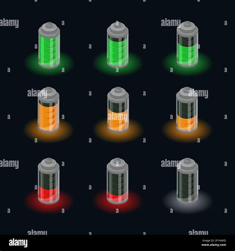 Isometric Battery Charge Status Set With Different Level Indicators Of Charging On Black