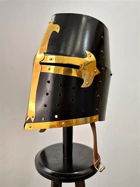 Medieval Black Crusader Helmet Templar Steel Brass And Leather Helmet