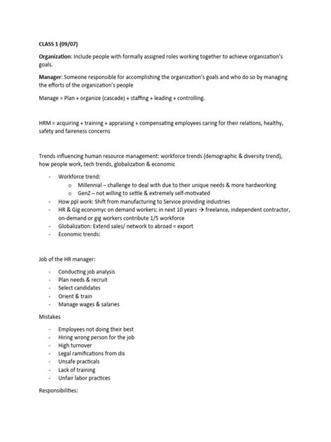 Class 1 Corporate People Management Class Note Pdf Human