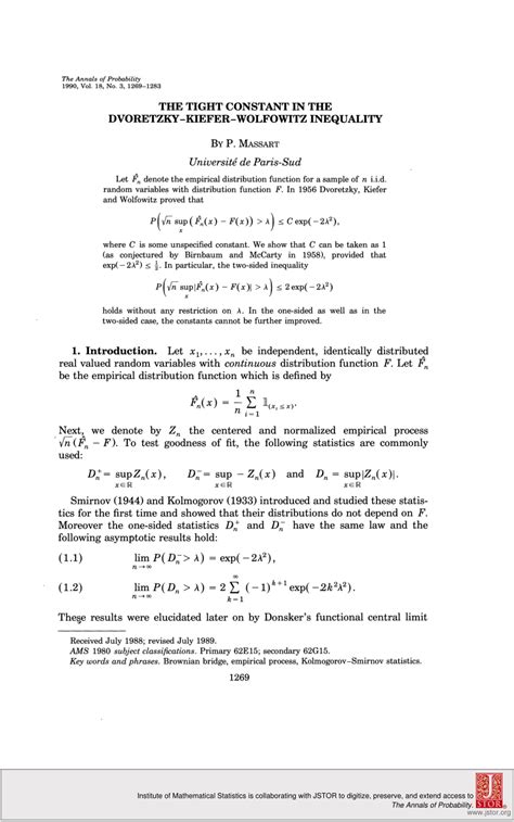 Pdf The Tight Constant In The Dvoretzky Kiefer Wolfowitz Inequality