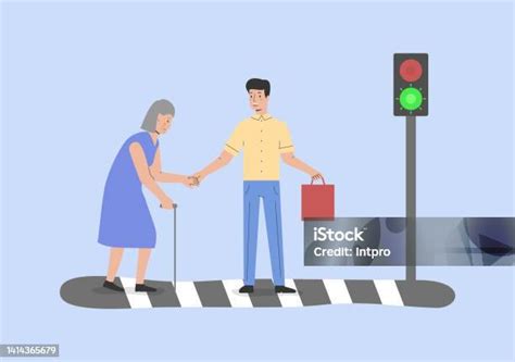 도시 거주자 남성 캐릭터 노인 숙녀와 교차로 남자는 걷는 막대기로 시니어 여성을 도와 거리를 넘습니다 교통 신호등이있는 도시 도시 도로 횡단보도 만화 개요 벡터 일러스트