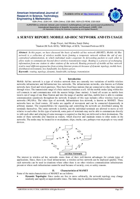 Pdf A Survey Report Mobile Ad Hoc Network And Its Usage