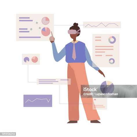 Vr 헤드셋을 사용하여 가상 현실에서 비즈니스 데이터로 작업하는 사람 미래 지향적 인 안경을 착용 한 현대 여성 흰색 배경에 고립 된 사람들과 Ar의 컬러 플랫 만화 벡터