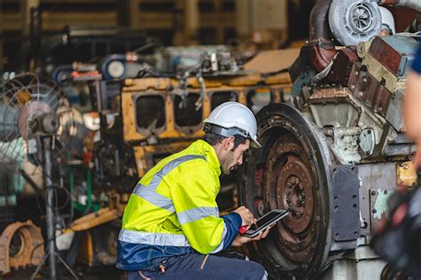 건설 공장에서 중공업 제조 기계의 안전 시스템을 점검하고 생산 작업 기술의 공장 장비를 서비스하기 위해 일하는 전문 기술자