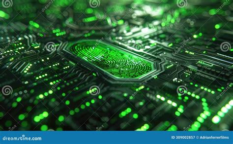 Green Glowing Circuit Board With A Digital Fingerprint Pattern Stock