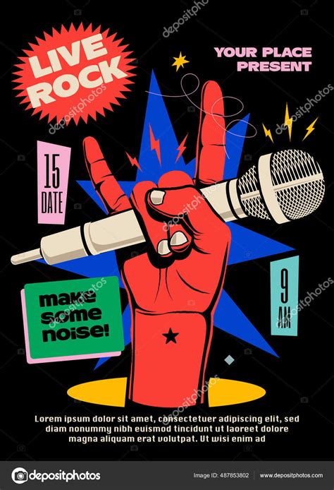라이브 콘서트 페스티벌 포스터 플라이어 디자인 템플릿은 배경에 악마의 마이크를 스톡 벡터 ©dickcraft 487853802
