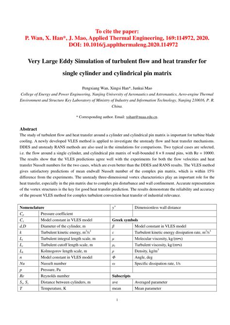 Pdf Very Large Eddy Simulation Of Turbulent Flow And Heat Transfer For Single Cylinder And