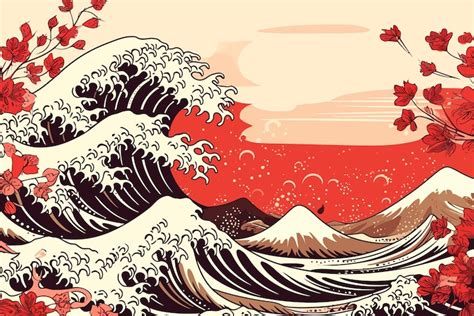 고대의 위대한 일본식 물결 그림전통적인 동양적 미니멀리즘 일본식 벡터 그림 프리미엄 벡터