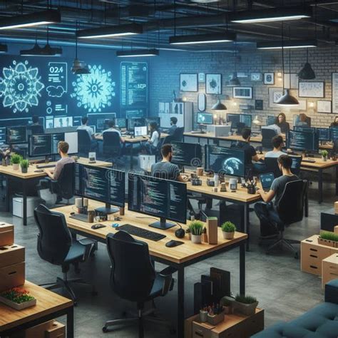 Tech Focused Workspace With Coding Stations Collaborative Develo Stock