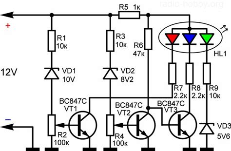 Радиосхемы Индикатор напряжения для автомобиля на трехцветном светодиоде Electronic