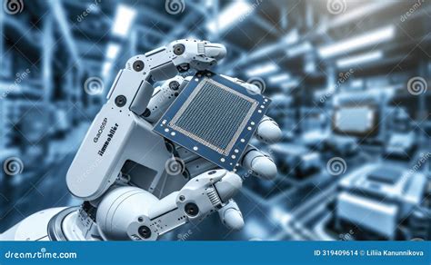 An Industrial Robot Arm Holding A Microchip Against A Background Of Dark Blue And Gray Tones