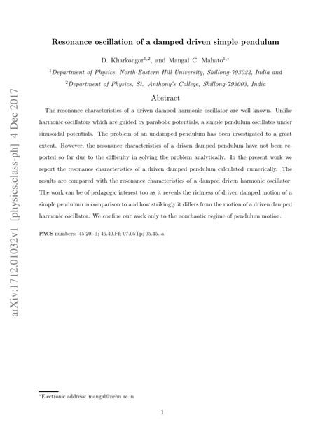 Pdf Resonance Oscillation Of A Damped Driven Simple Pendulum
