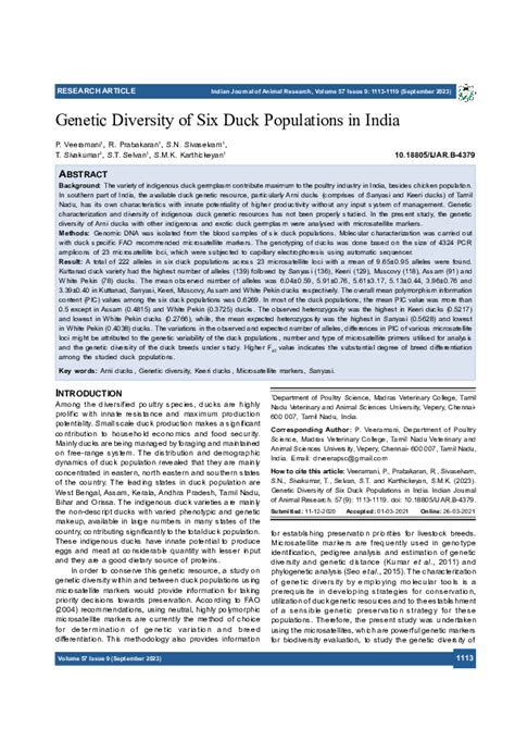 Pdf Genetic Diversity Of Six Duck Populations In India