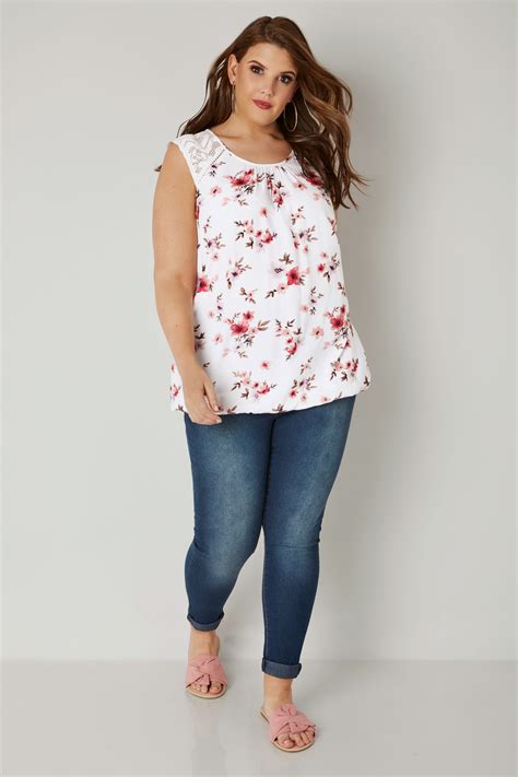 White And Multi Floral Print Sleeveless Bubble Top With Lace Shoulders