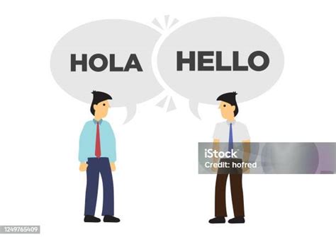 두 명의 사업가가 서로 다른 언어로 의사소통을 합니다 국제 비즈니스 또는 기업 협력의 개념 영어와 스페인어 인사하기에 대한 스톡