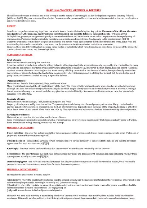 Basic Law Concepts Offences And Defenses Docx