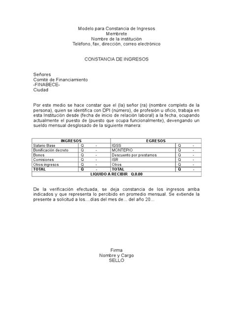 Modelo De Constancia De Ingresos Laborales Pdf