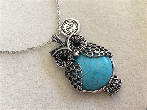 Turquoise Owl Necklace Owl Ts Initial Necklace Blue Owl Etsy Owl