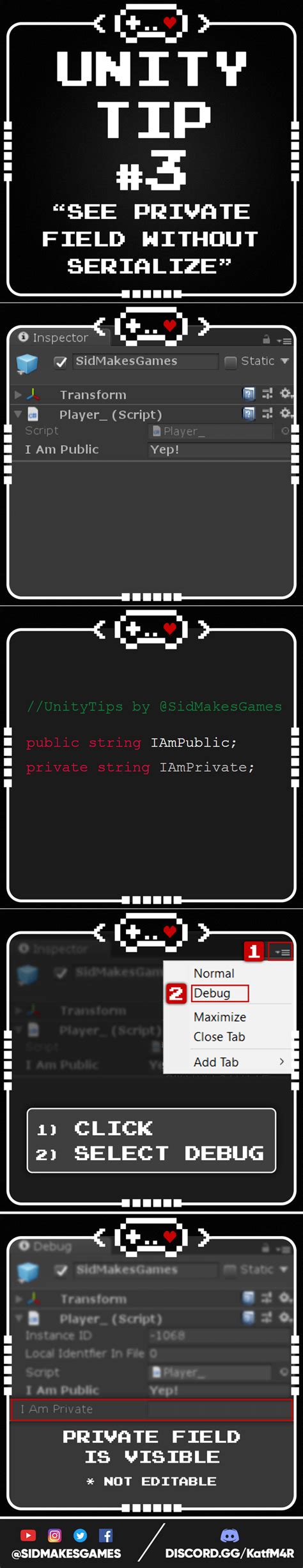 unity tip 3 see private variables without using serializefield in unity r unity3d