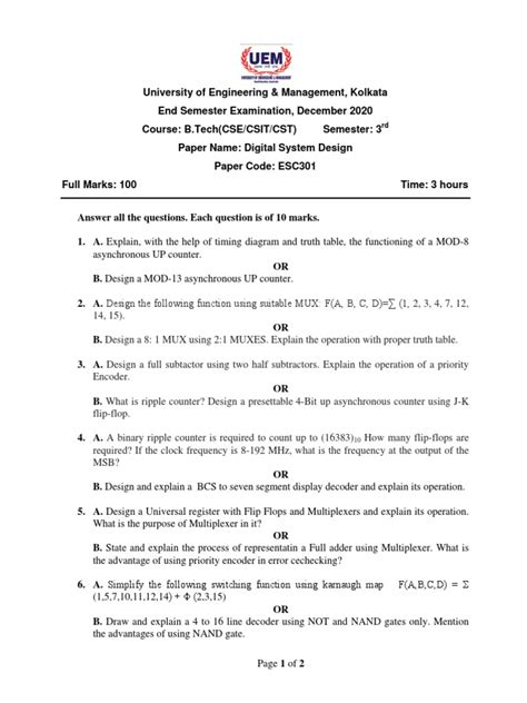 digital system design question paper pdf electrical engineering