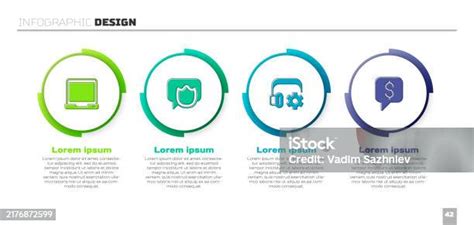 설정 노트북 말풍선 채팅 설정 및 유료 지원이 있는 헤드폰 비즈니스 인포 그래픽 템플릿 벡터 Brand Name Online Messaging Platform에 대한 스톡