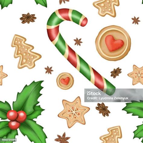 사탕 지팡이와 크리스마스 진저 브레드 쿠키와 매끄러운 패턴입니다 디지털로 그려진 요소 0명에 대한 스톡 벡터 아트 및 기타 이미지 0명 12월 가문비나무 Istock
