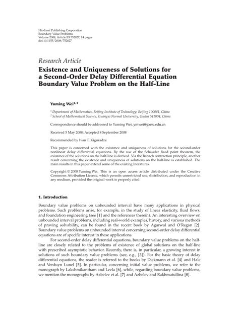 Pdf Existence And Uniqueness Of Solutions For A Second Order Delay Differential Equation