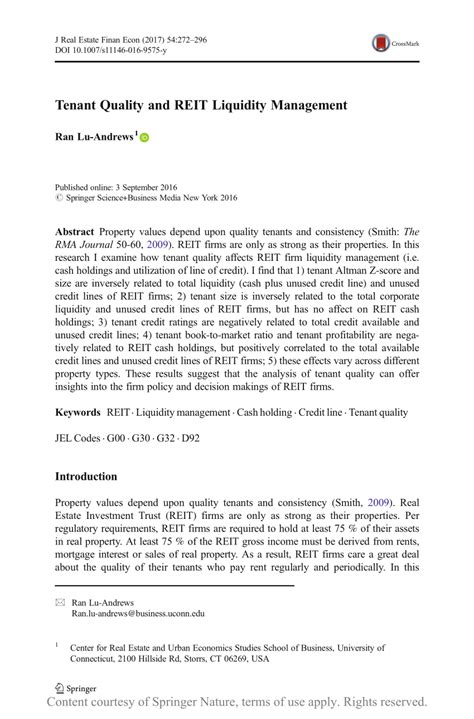 Tenant Quality And Reit Liquidity Management Request Pdf