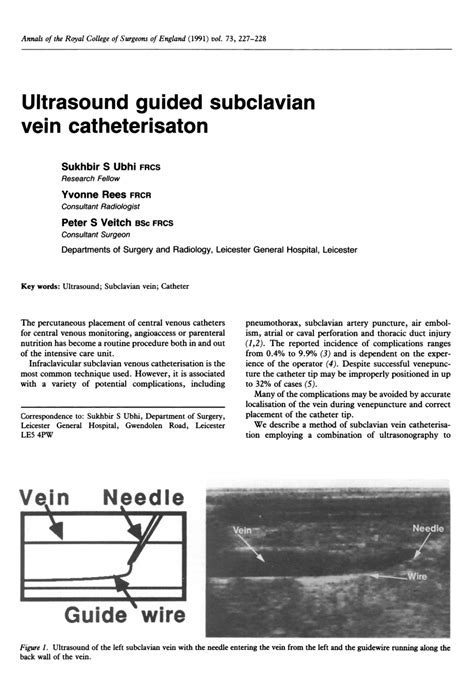 PDF Ultrasound Guided Subclavian Vein Catheterisation