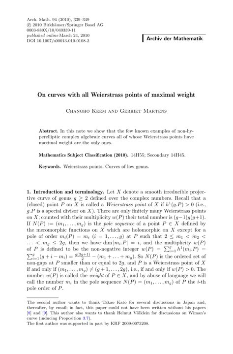 Pdf On Curves With All Weierstrass Points Of Maximal Weight