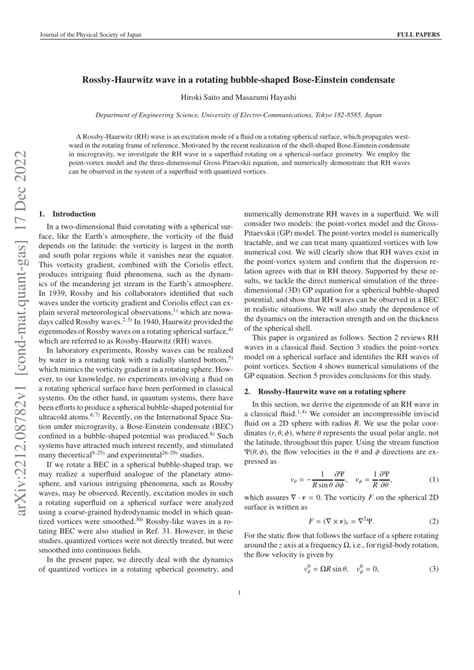 Pdf Rossby Haurwitz Wave In A Rotating Bubble Shaped Bose Einstein Condensate