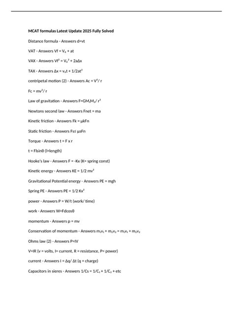 Mcat Formulas Latest Update 2025 Fully Solved Mcat Formulas Stuvia Us
