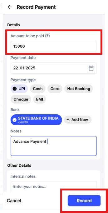 how to record advance payment in swipe mobile app android swipe