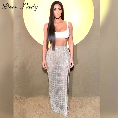 Deer Lady Autumn 2 Piece Bandage Set 2018 Kim Kardashian Bodycon Mesh Sheer Dress Women Glitter