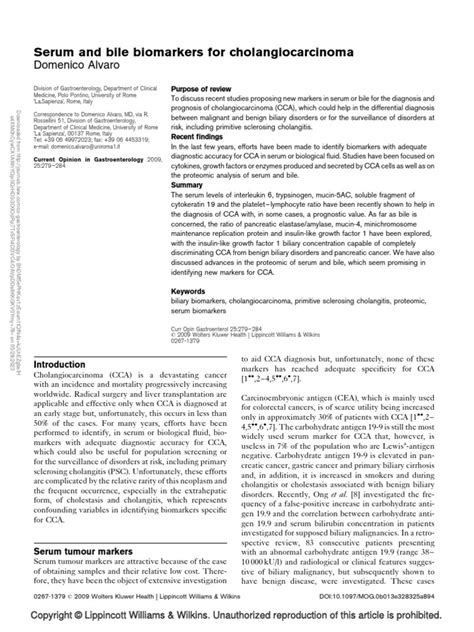 Serum And Bile Biomarkers For Cholangiocarcinoma19 Pdf Biomarker Sensitivity And Specificity