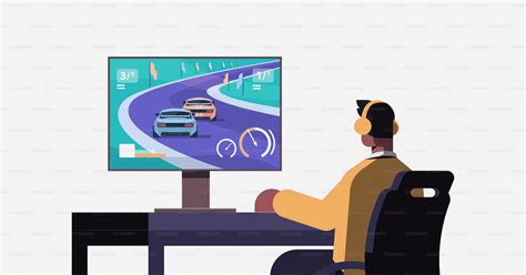 개인용 컴퓨터에서 온라인 비디오 게임을 하는 전문 가상 게이머 헤드폰을 쓴 사이버 스포츠맨 사이버 스포츠 개념 전체 길이 벡터