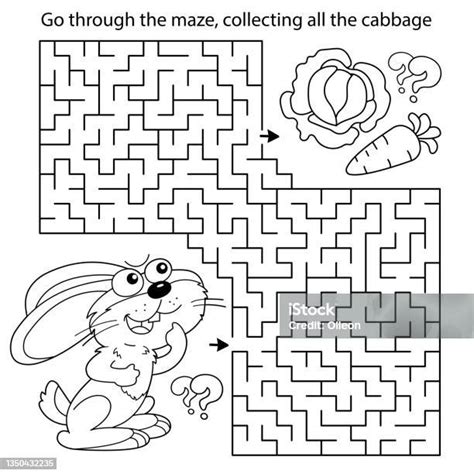 미로 또는 미로 게임 수수께끼 색칠 페이지 윤곽은 당근과 양배추와 만화 작은 토끼 또는 토끼의 개요 아이들을위한 색칠 공부책 0명에 대한 스톡 벡터 아트 및 기타 이미지