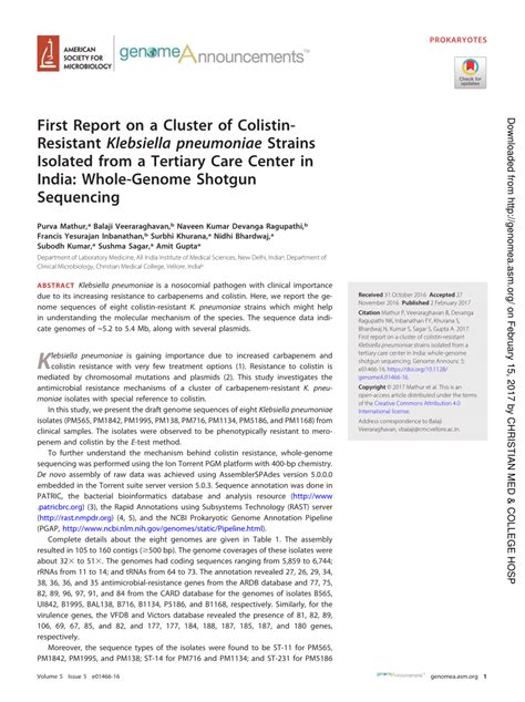 Pdf First Report On A Cluster Of Colistin Resistant Klebsiella