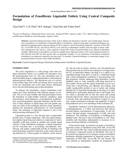 Pdf Formulation Of Fenofibrate Liquisolid Tablets Using Central Composite Design Current