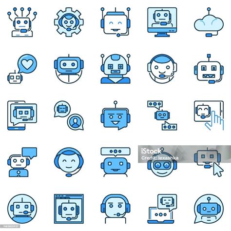 챗봇 파란색 아이콘이 설정되었습니다 Ai 귀여운 챗봇 로봇 사인 컬렉션 Brand Name Online Messaging