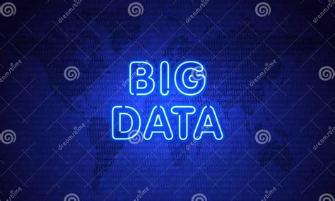 Big Data Neon Symbol On Blue Map Background With Binary Code Data