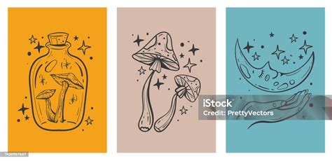 천상의 영적 마술 밀교 신비주의 라인 아트 보호 스타일 마법 장식 카드 그래픽 디자인 요소 벡터 일러스트 레이 션 세트 0명에 대한 스톡 벡터 아트 및 기타 이미지 Istock